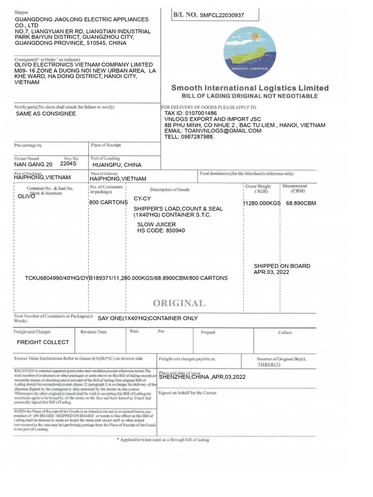 SMFCL22030937 HBL | PDF