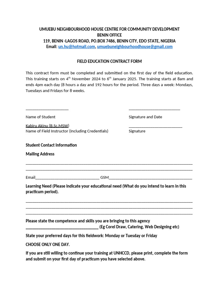 Field Education Contract Form Template | PDF