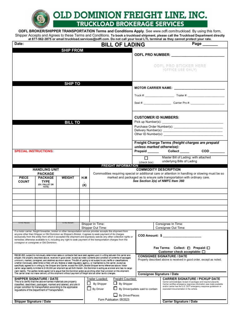 ODFL Truckload Blank BOL - FILLABLE | PDF | Cargo | Common Law
