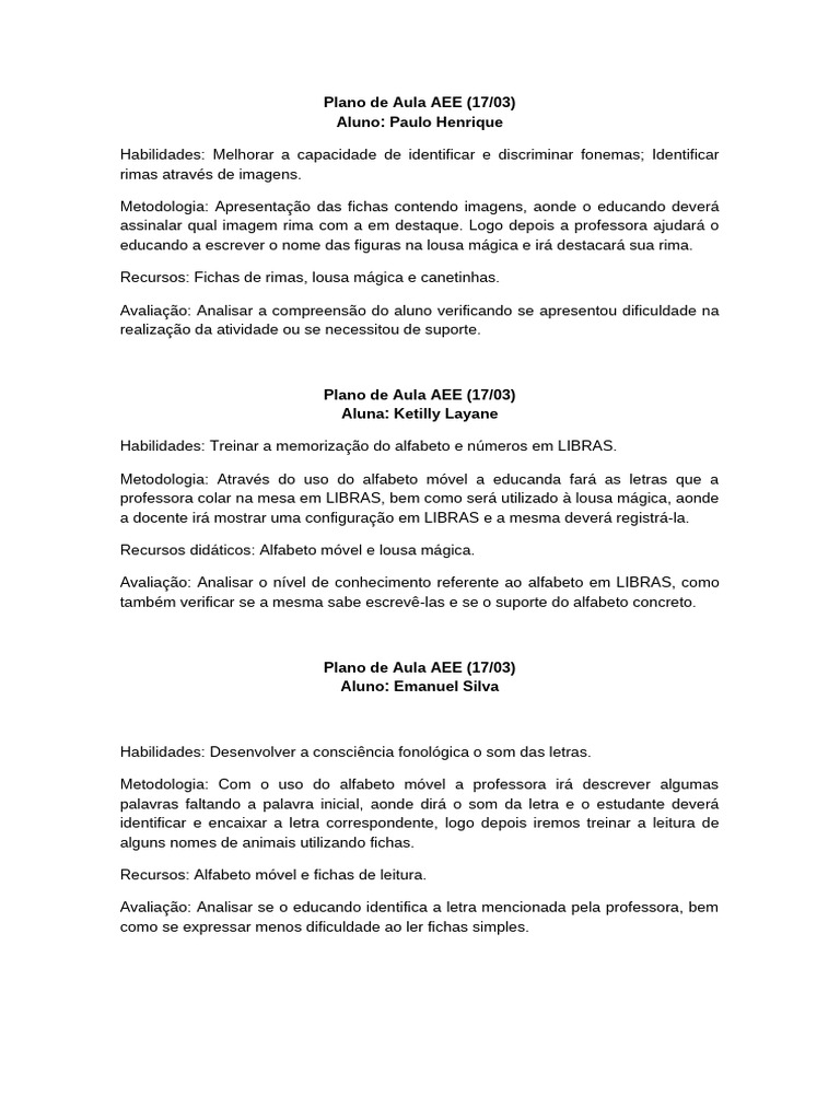 Planos de Aula AEE 17-03 | PDF