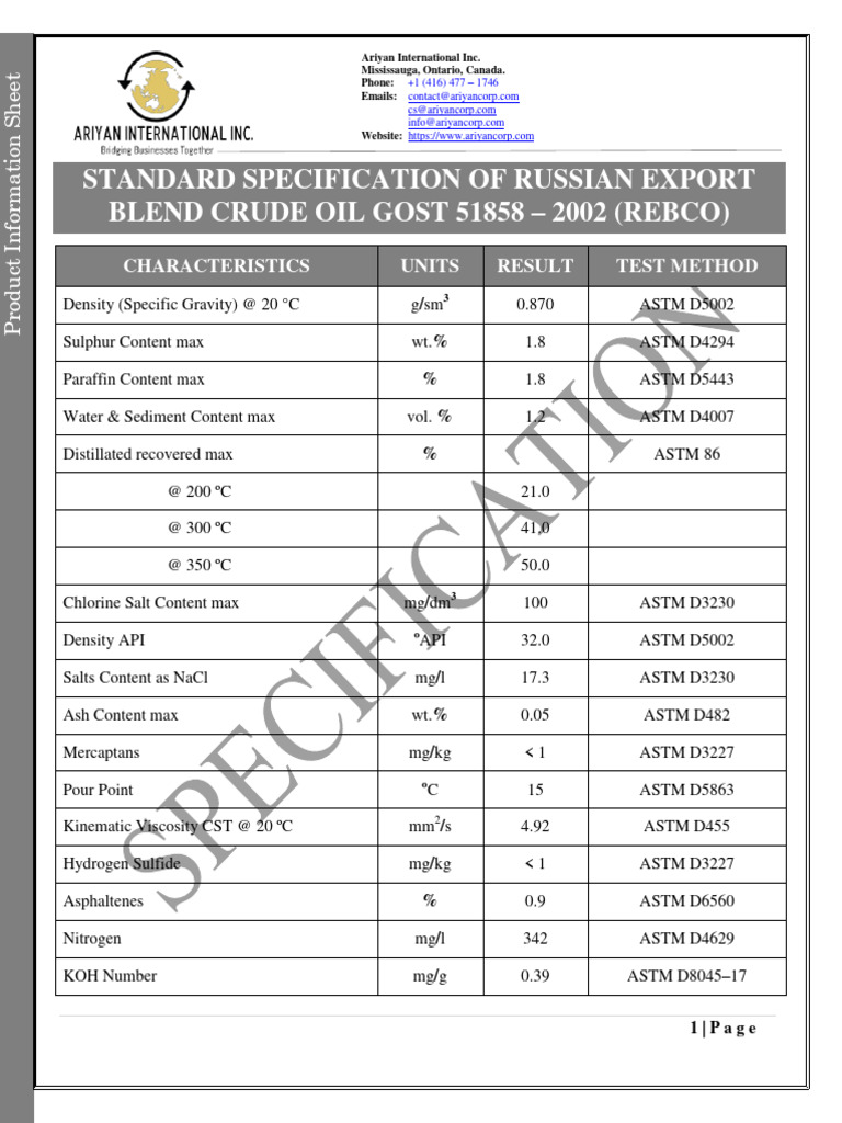 REBCO Crude Oil Specifications Overview | PDF | Liquids | Oils
