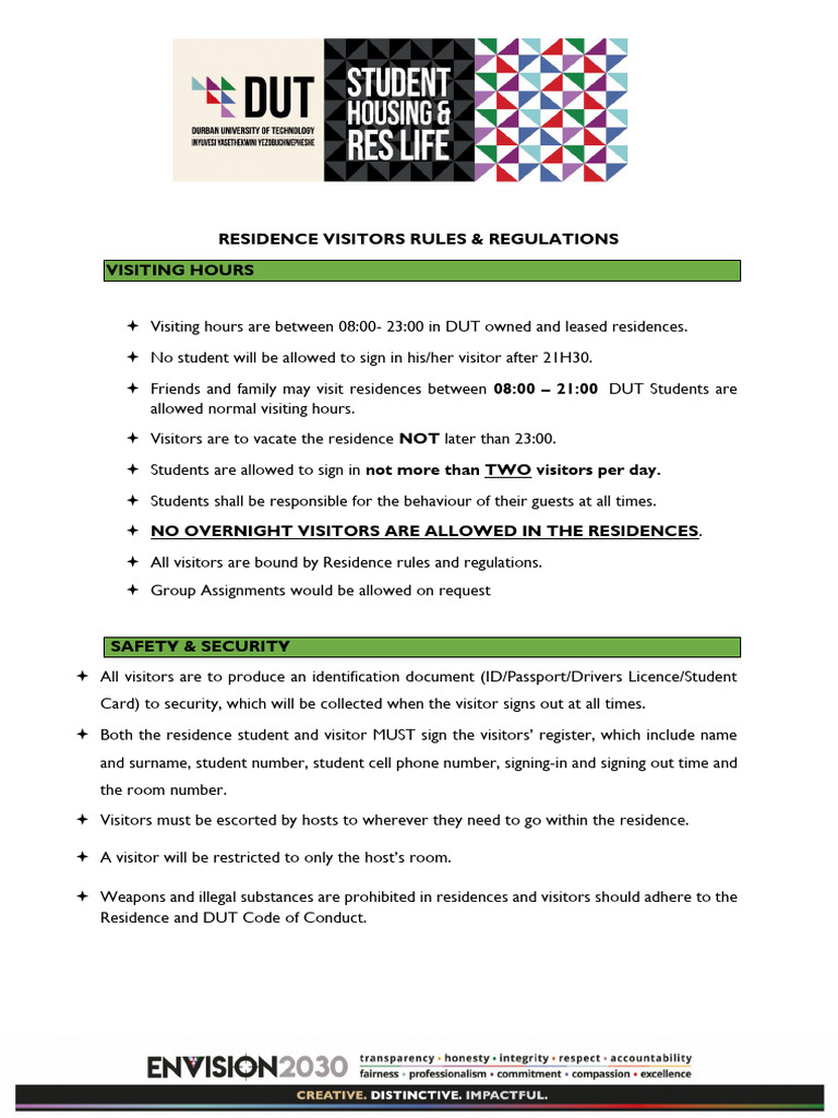 DUT Residence Visitor Regulations | PDF | Identity Document | Justice