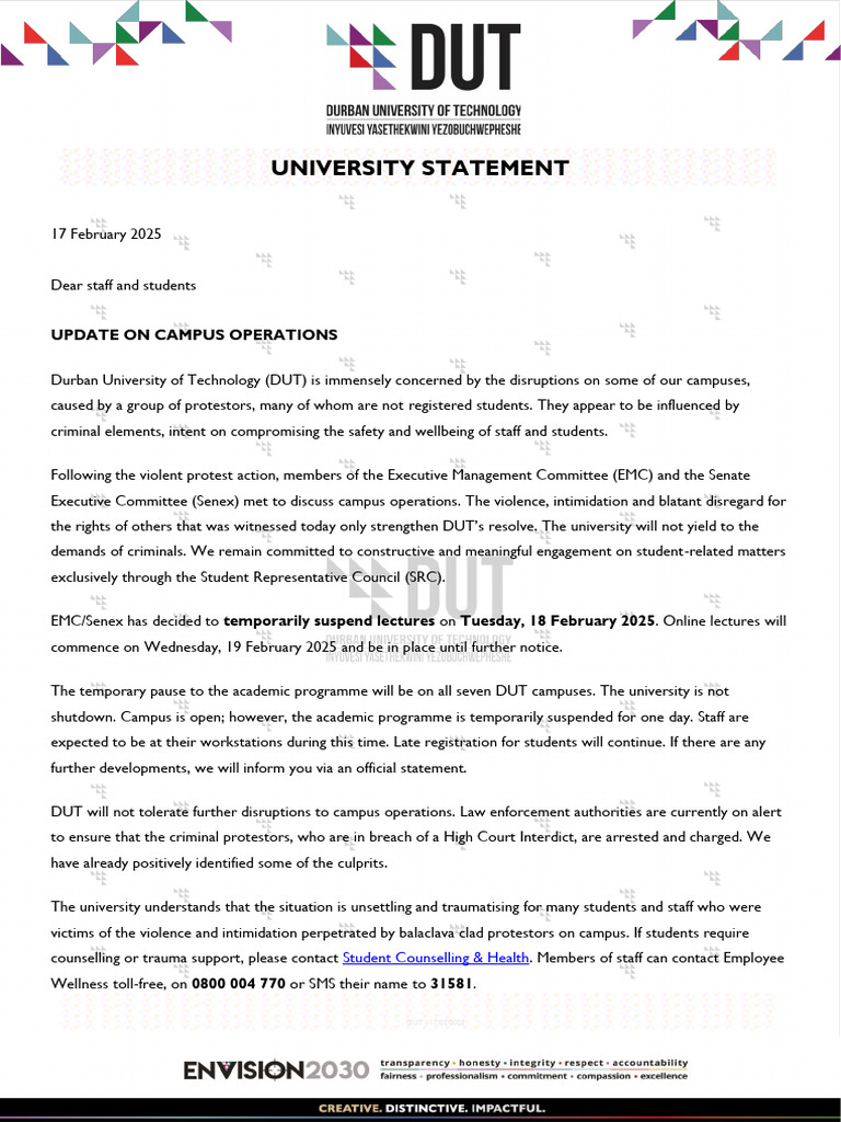 DUT University Statement 170225 | PDF | Social Conflict | Violence