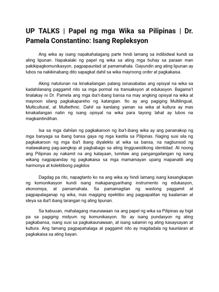 Papel NG Mga Wika Sa Pilipinas - Repleksyon | PDF