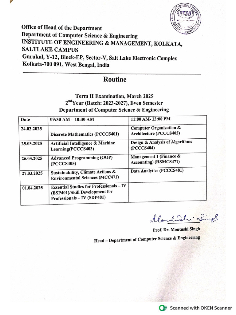 Term-II Routine 2nd Year CSE | PDF