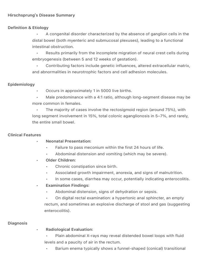 Hirschsprung's Disease Summary | PDF | Medical Specialties | Diseases And Disorders