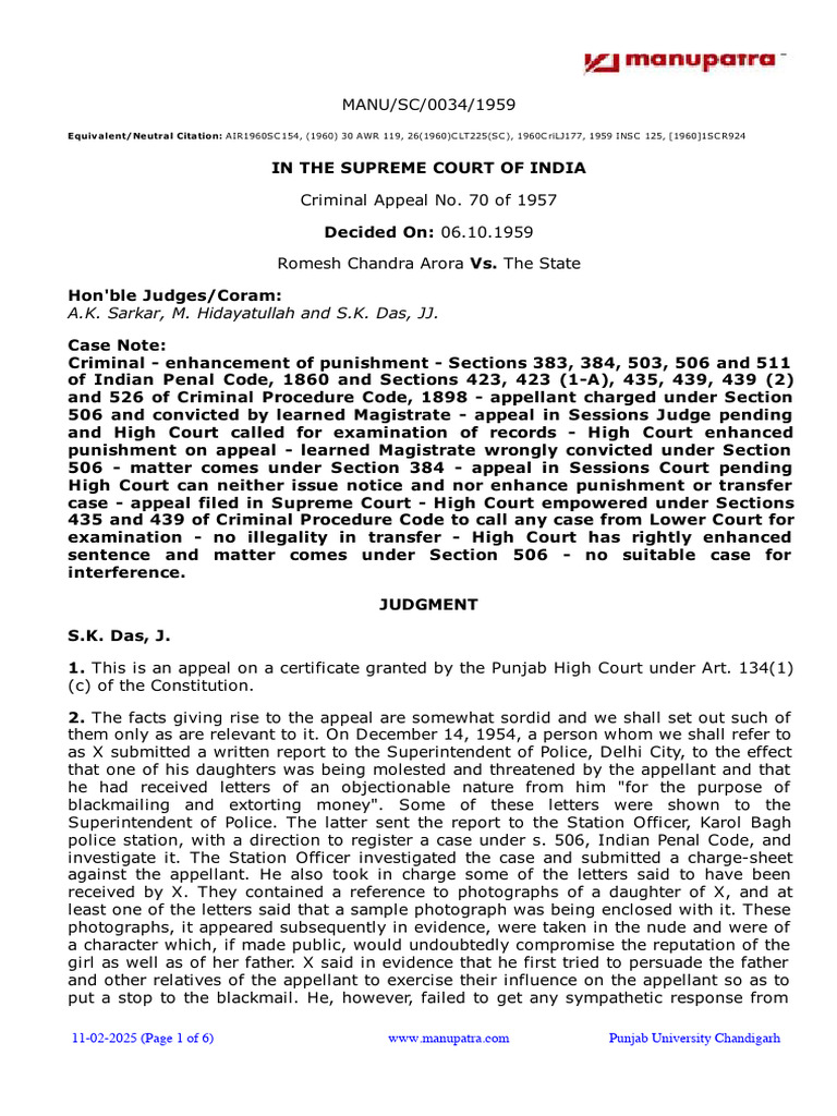 (4.) Romesh Chandra Arora v. State (1960) | PDF | Intimidation ...