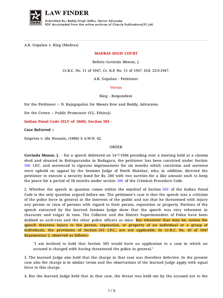 (5) 1949 AK Gopalan v King(Mad HC) | PDF | Criminal Procedure In South ...