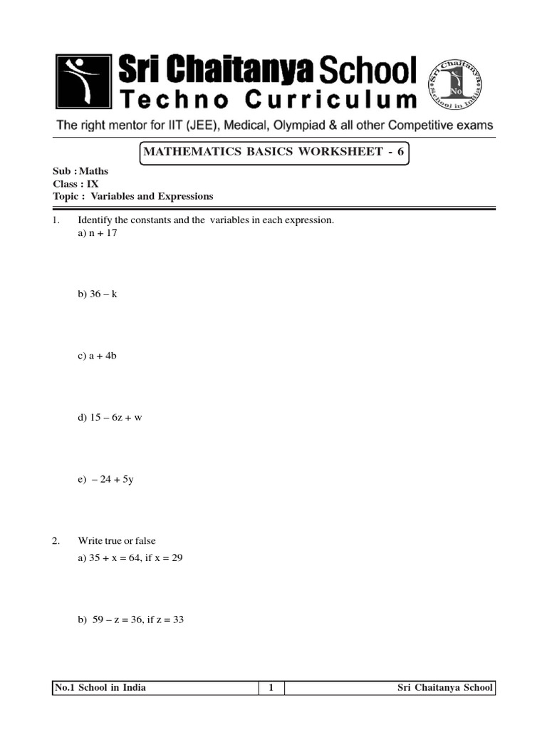Ix Maths Basic Work Sheet - 6 | PDF