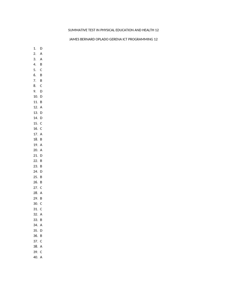 Summative Test in Physical Education and Health 12 | PDF