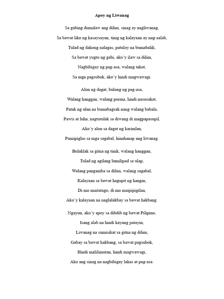 Apoy NG Liwanag Poem | PDF
