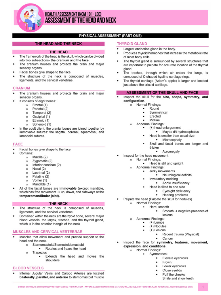 Semi Finals Pa 1 Assessment of The Head and Neck | PDF | Neck | Skull