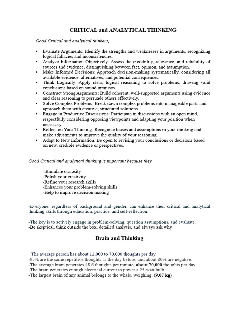 Critical and Analytical Thinking - Teachers Notes For Midterm | PDF ...