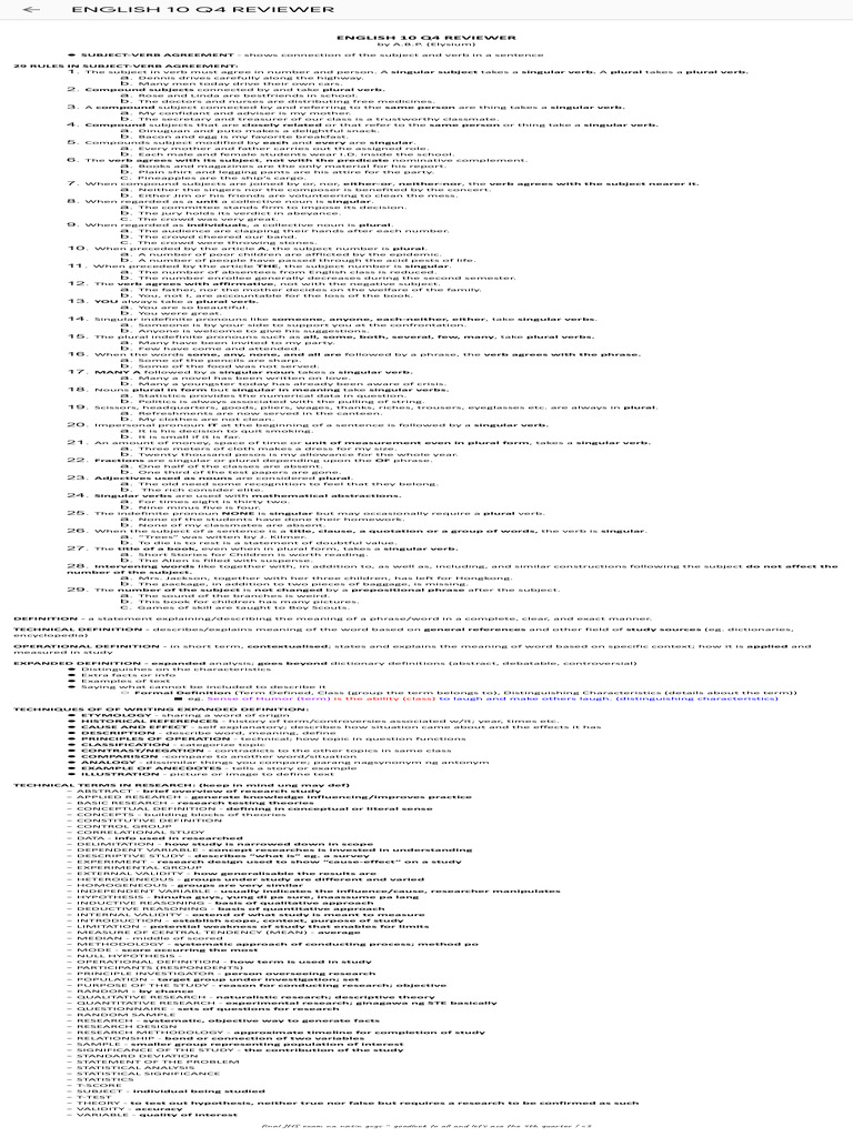 English 10 q4 Reviewer 2 | PDF | Grammatical Number | Plural