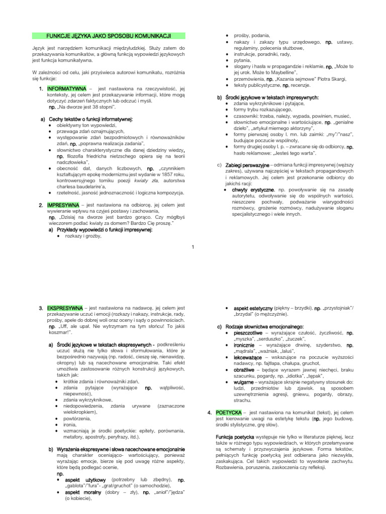 FUNKCJE TEKSTU - Notatka Od Nauczyciela | PDF