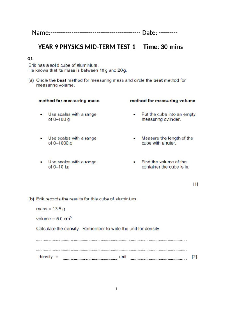 Year 9 Physics Mid-Term Test | PDF