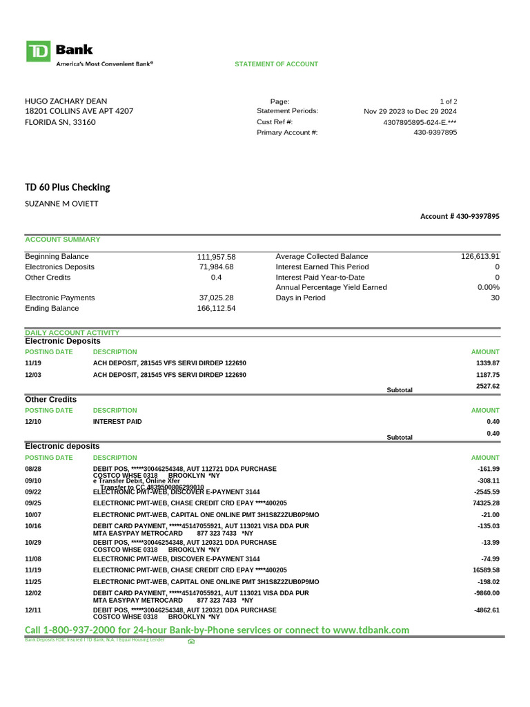 USA TD Bank Statement BankStatements | PDF | Debit Card | Retail ...