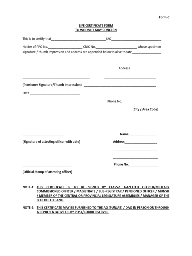 Life Certificate Form Form C | PDF