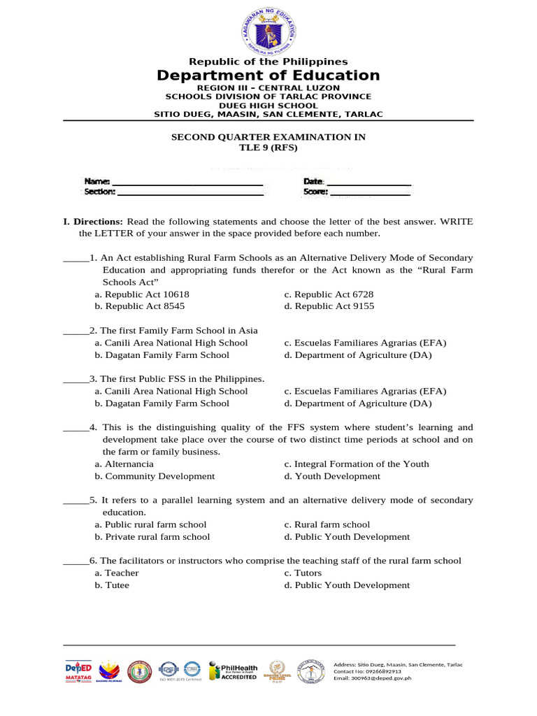 TLE 9 Exam Questions for Rural Farm Schools | PDF | Seed | Plant Nursery