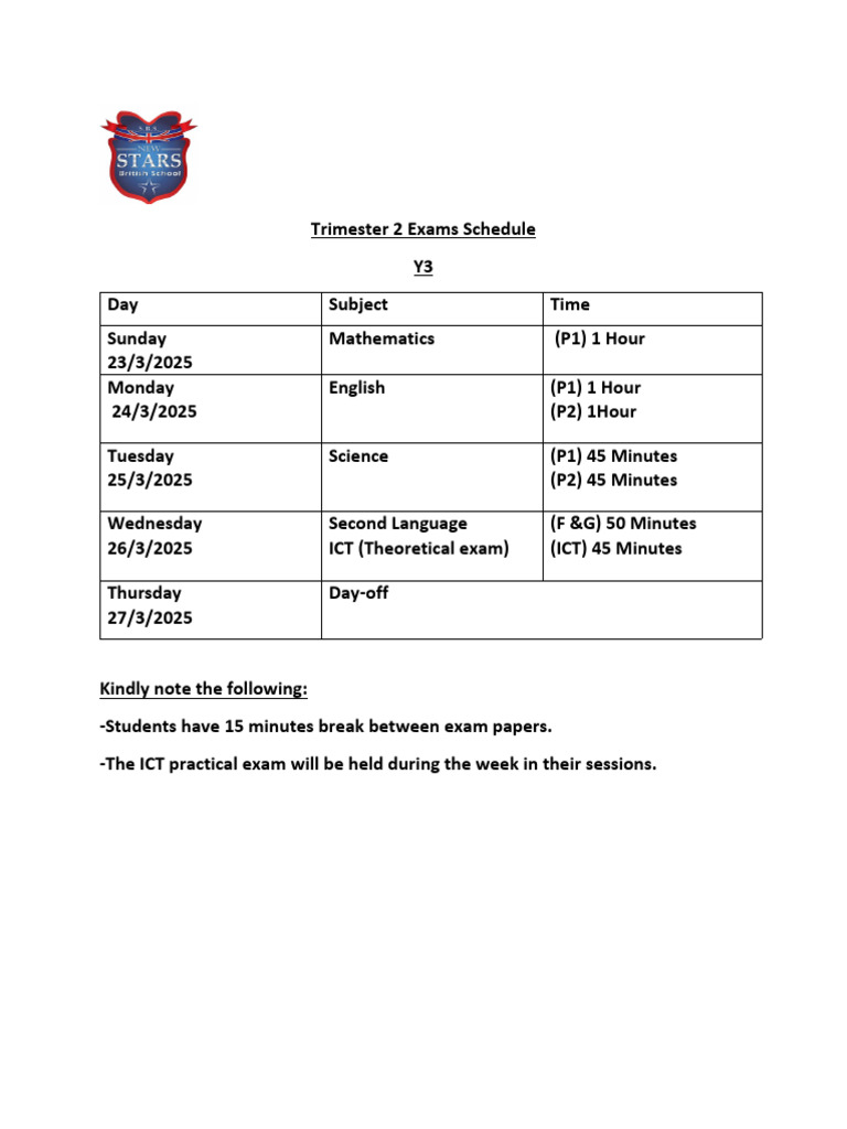 Trimester 2 Exams Schedule Y3 | PDF