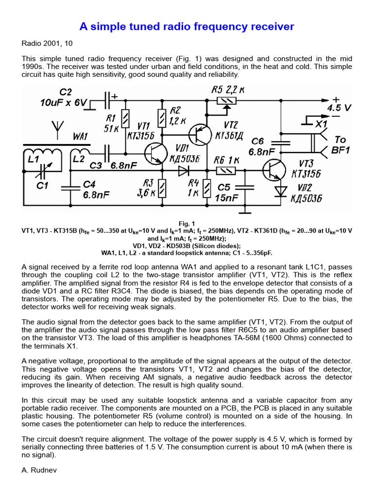 Simple Tuned Radio Frequency Receiver | PDF | Amplifier | Detector (Radio)