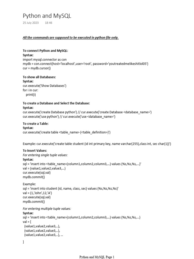 Python and Mysql Connectivity Class 12 SN | PDF | Information Retrieval | Computer Data