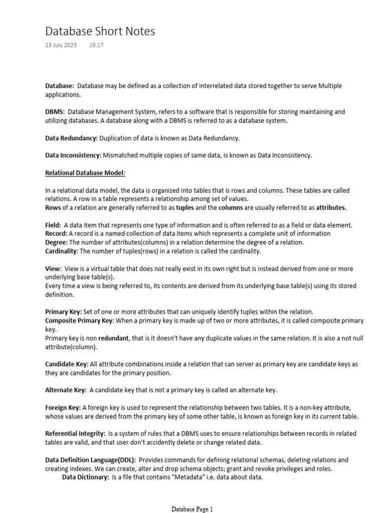 Database MYSQL Class 12 SN | PDF | Relational Model | Databases