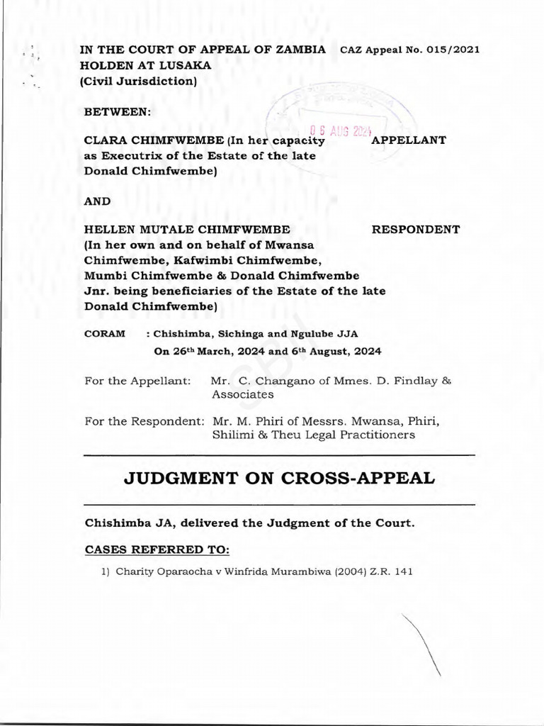 Cross-Appeal on Chimfwembe Estate | PDF | Intestacy | Will And Testament