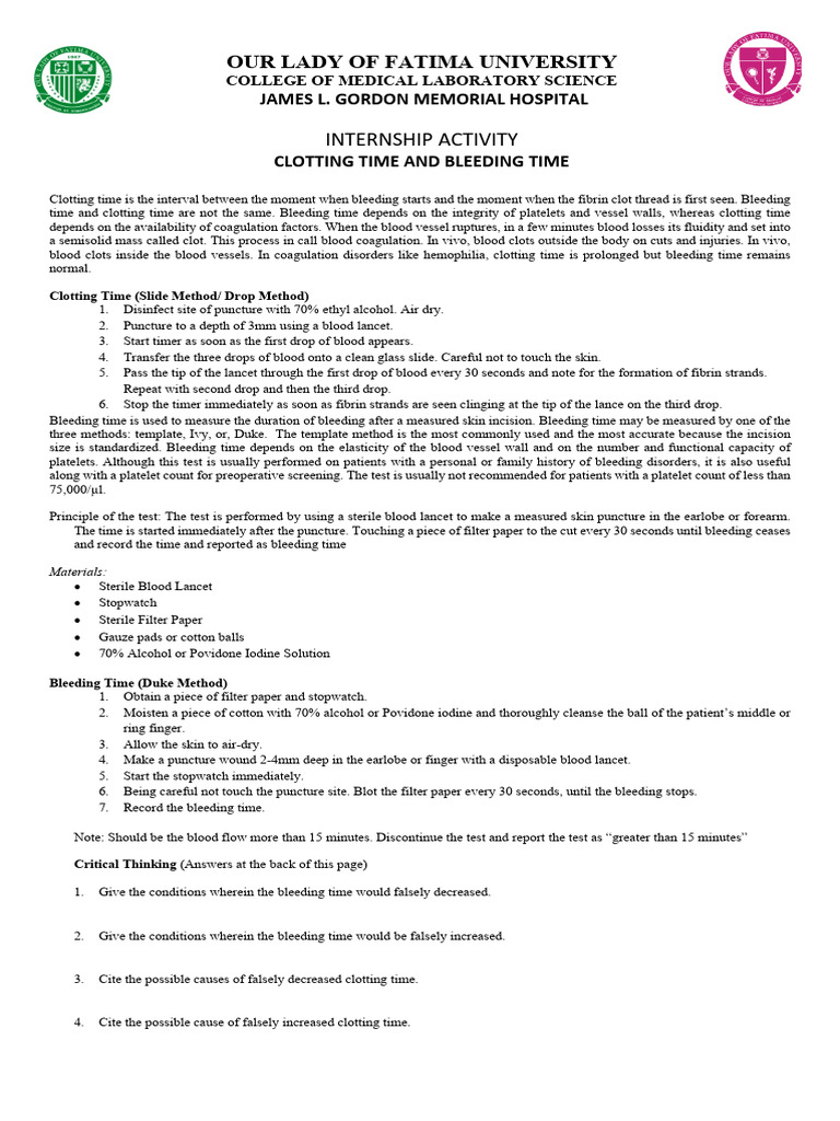 Clotting Time and Bleeding Time | PDF | Coagulation | Bleeding
