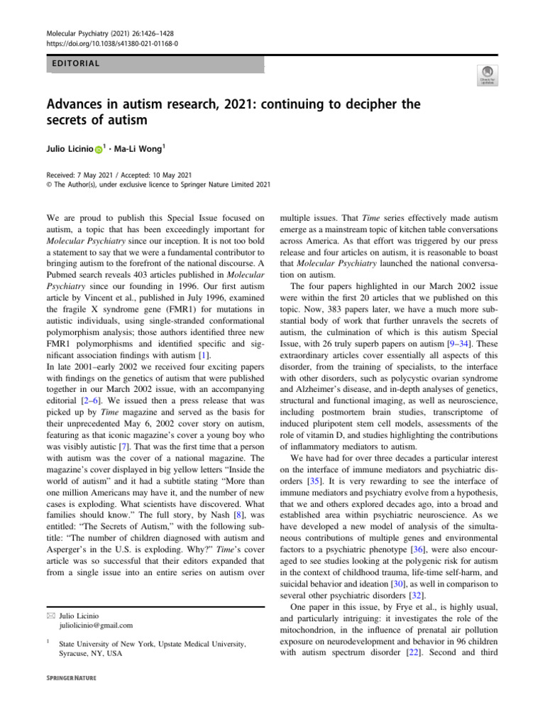 Advances in Autism Research, 2021 Continuing To Decipher The Secrets of ...