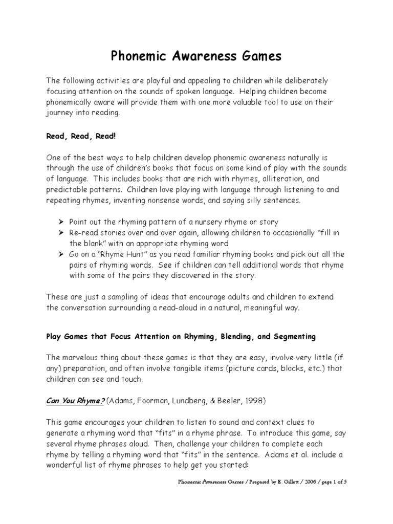 Phonemic Awareness Activities | PDF | Rhyme | Linguistics