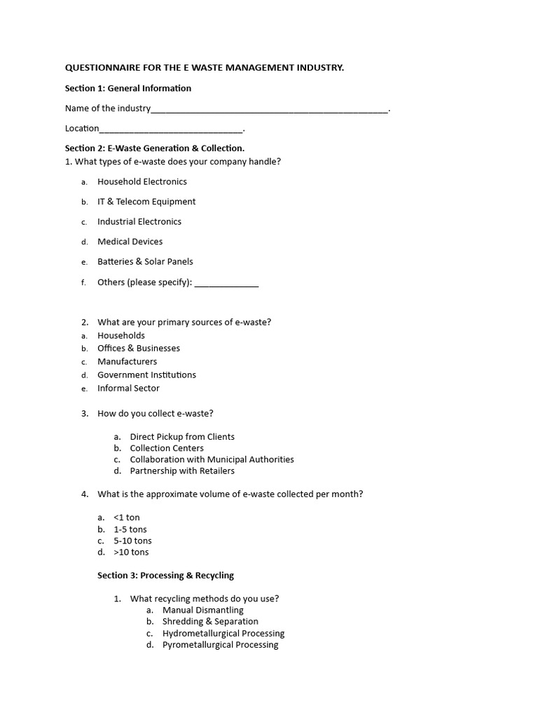 Questionnaire For The e Waste Management Industry | PDF | Electronic ...