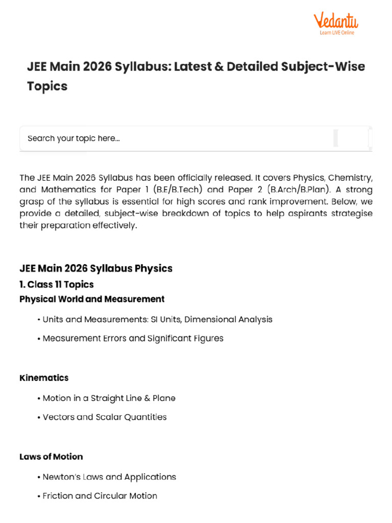 JEE Main 2026 Syllabus - Latest & Detailed Subject-Wise Topics | PDF