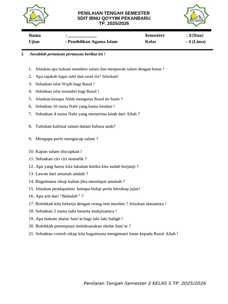 Soal Uts Pai Kelas 4 | PDF