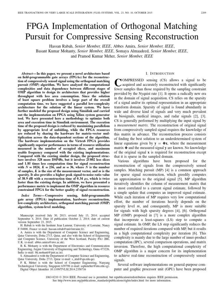 FPGA Implementation of Orthogonal Matching Pursuit For Compressive Sensing Reconstruction | PDF ...