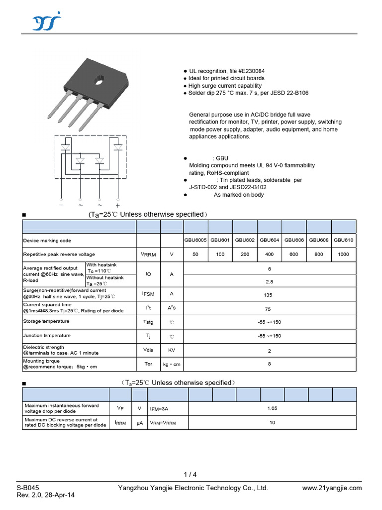 GBU6005 to GBU610 Bridge Rectifier Data | PDF | Rectifier | Power Supply