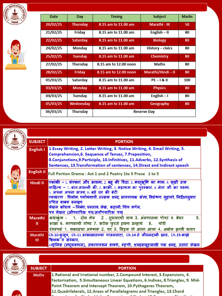 STD Ix Timetable, Portion & Paper Pattern Final | PDF | Area | Circle