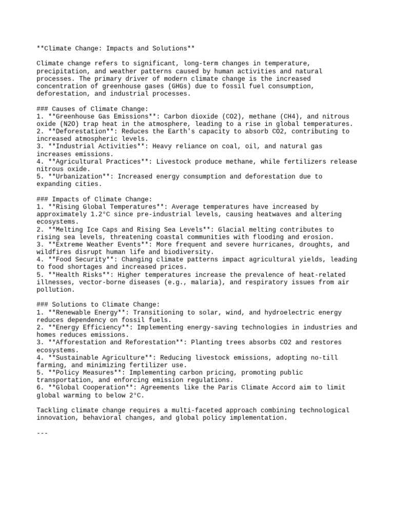 Climate Change Causes, Impacts, Solutions | PDF | Climate Change ...