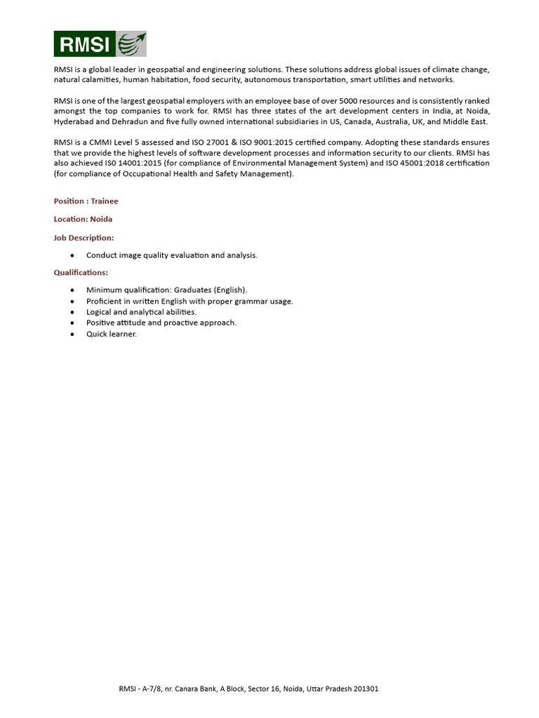 RMSI Noida Trainee Job Opportunity | PDF