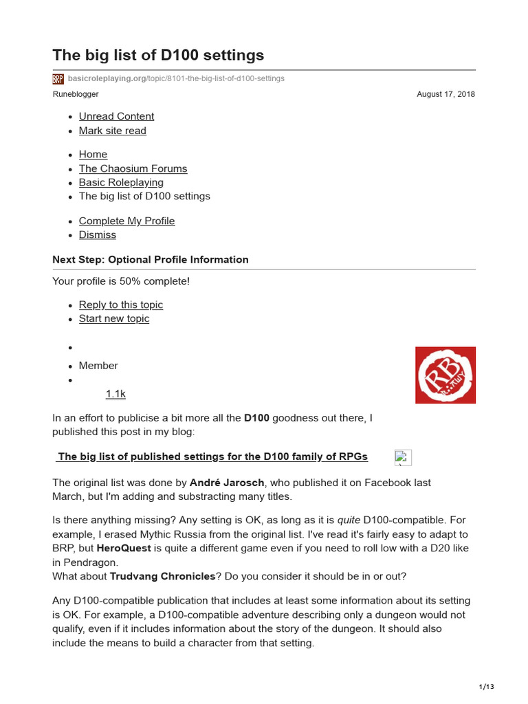 The Big List of D100 Settings | PDF | Game Rules | Fantasy Games