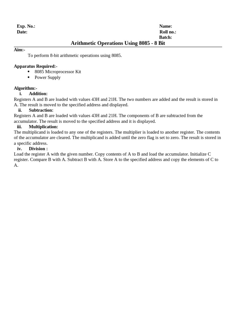 Arithmetic Operations 8085[1] Kt.3.0 (1) | PDF | Multiplication | Arithmetic