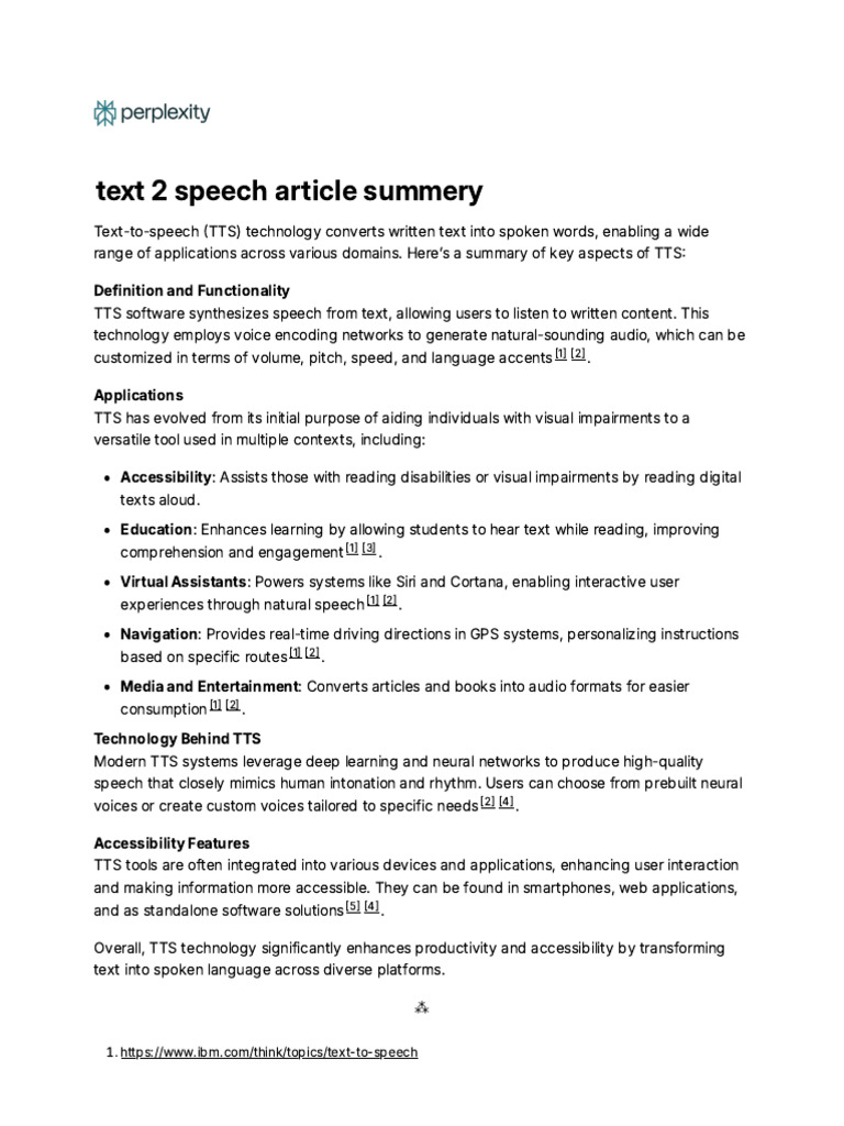 Text 2 Speech Article Summery | PDF