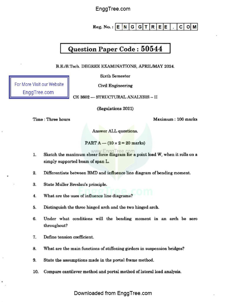 CE3602 Structural Analysis II Apr May 2024 Question Paper Download | PDF