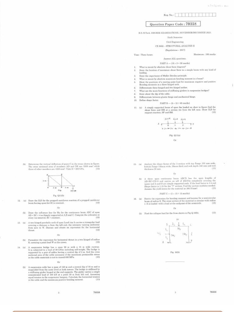 Structural Analysis II - CE8602 2017 Regulation - Question Paper 2023 ...