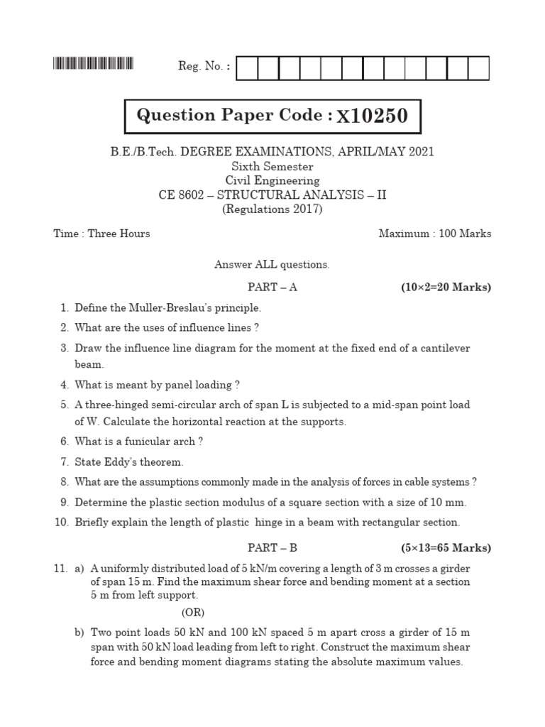 Structural Analysis II - CE8602 2017 Regulation - 250320 - 201332 | PDF | Bending | Beam (Structure)