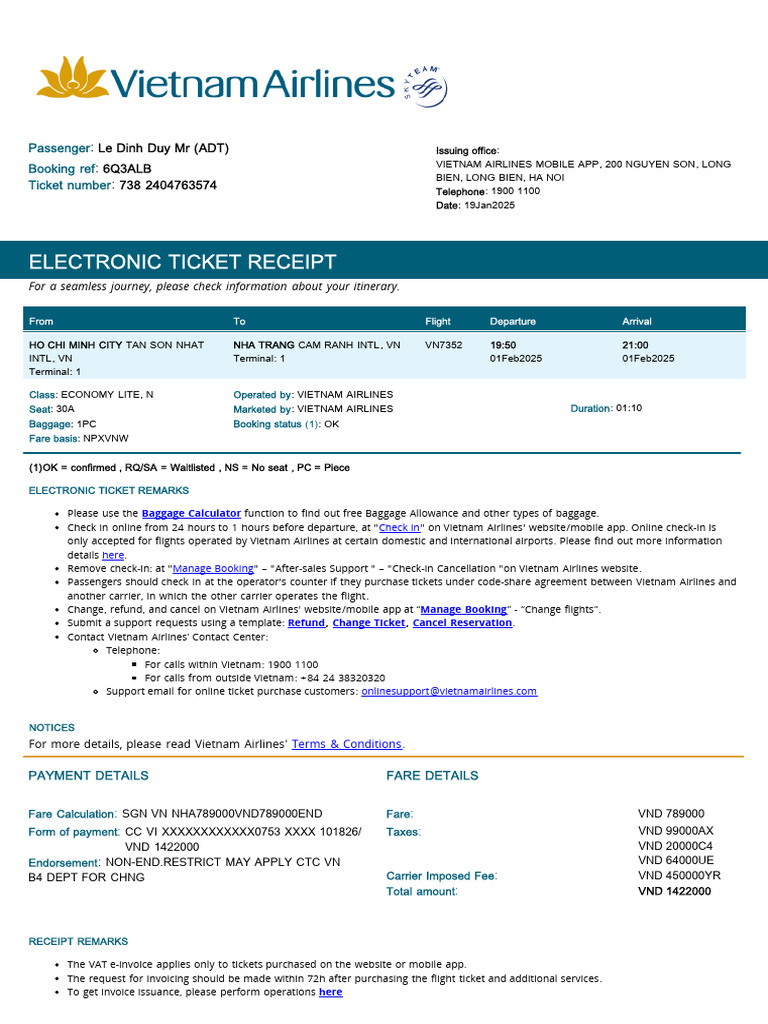 Electronic Ticket-EMD Receipt 01FEB For DINH DUY LE | PDF