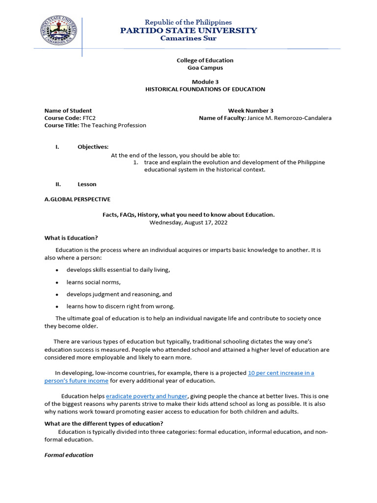 FTC2_Week 3-Historical Foundations of Education | PDF | Literacy | Schools