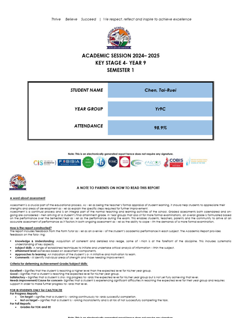 Tai-Ruei Chen - Year 9 - Semester 1 (December 2024-25) | PDF | Learning ...