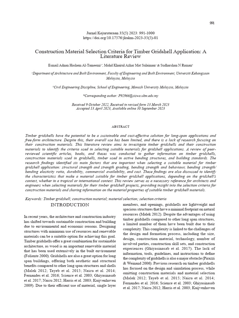 Construction Material Selection Criteria For Timber Gridshell Application | PDF | Young's ...