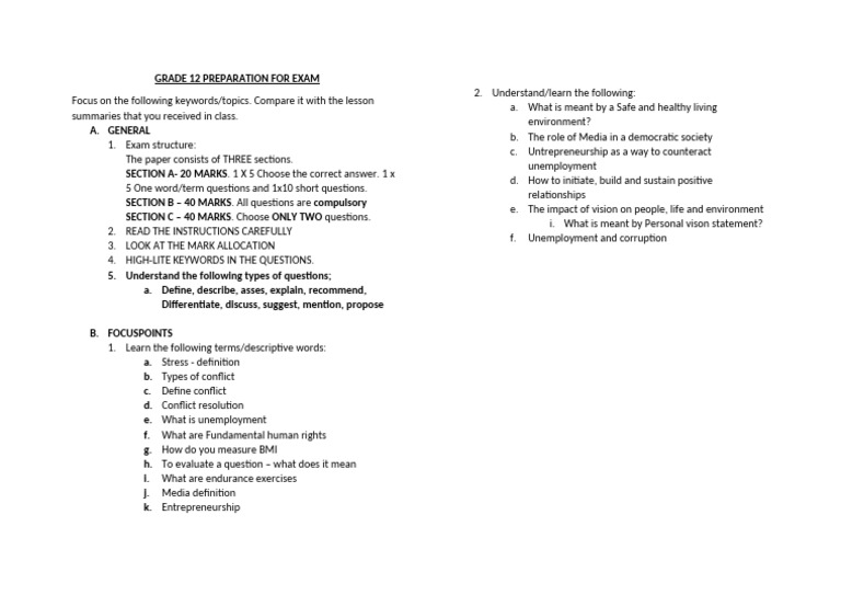 Grade 12 Exam Preparation Guide | PDF
